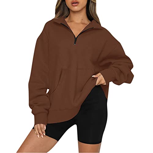 Sweatshirt For Women Oversized Half Zip Pullover Long Sleeve Sweatshirt Quarter Zip Hoodie Sweater Hoodies (Coffee, M)