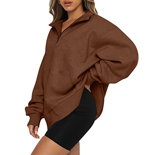 Sweatshirt For Women Oversized Half Zip Pullover Long Sleeve Sweatshirt Quarter Zip Hoodie Sweater Hoodies (Coffee, M)