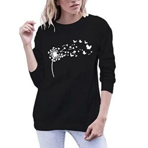 Women Fall Clothes Long Sleeve Sweatshirt Crewneck Printing Loose Casual Sweater Graphic Distressed (Black, M)