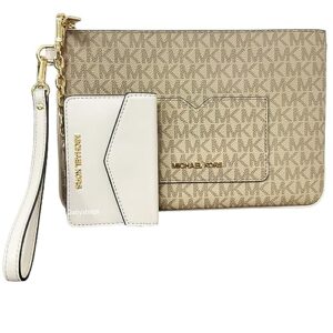 michael kors jet set travel large 2 in 1 card case and wristlet clutch mk signature (light cream)