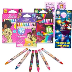 bulk crayons for girls ages 4-8 set - bundle with 48 crayons for toddlers featuring barbie, trolls, and disney princesses for party favors, restaurants, goodie bags, more | princess crayons for girls