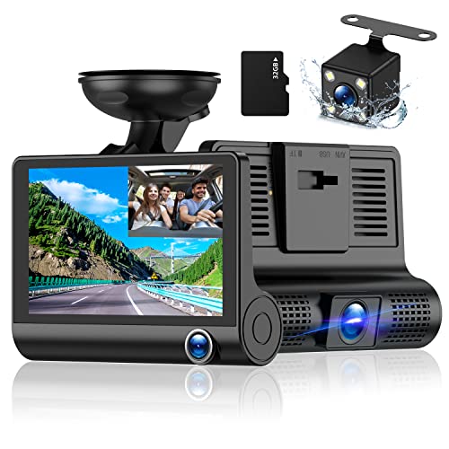 3 Channel Dash Cam Front and Rear Inside, 1080p 4 Inches 170° Wide Angle Dashcam, Dash Camera for Cars with 32GB Card, Super Night Vision, Loop Recording, G-Sensor, Motion Detection, Parking Mode