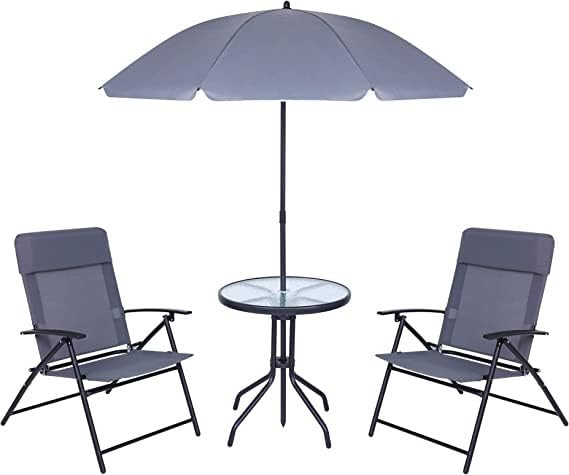 Beach Tent, Beach Cabana+Bistro Set, 4-Piece Outdoor Dining Set, Patio Furniture Set of 2 Folding Chairs, Small Glass Dining Table, and A Tilted Umbrella