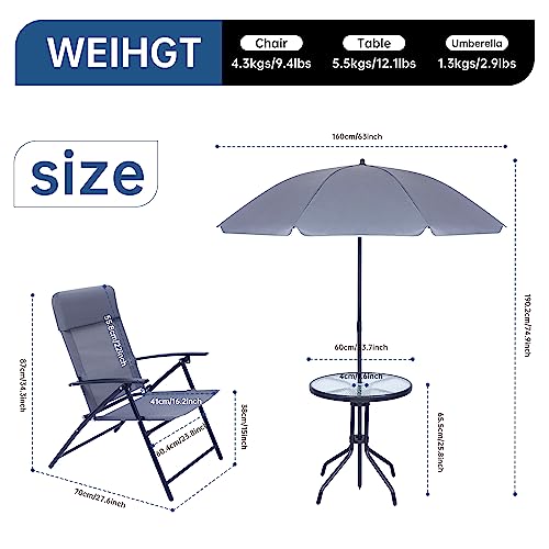 Beach Tent, Beach Cabana+Bistro Set, 4-Piece Outdoor Dining Set, Patio Furniture Set of 2 Folding Chairs, Small Glass Dining Table, and A Tilted Umbrella