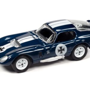 Shelby Cobra Daytona Klutzmobile Blue Metallic with White Stripes The Monkees with Collectible Tin Display Silver Screen Machines Series 1/64 Diecast Model Car by Johnny Lightning JLDR018-JLSP334