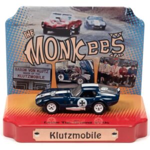 Shelby Cobra Daytona Klutzmobile Blue Metallic with White Stripes The Monkees with Collectible Tin Display Silver Screen Machines Series 1/64 Diecast Model Car by Johnny Lightning JLDR018-JLSP334