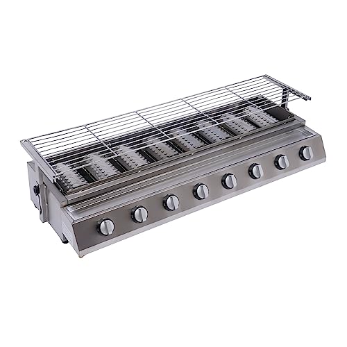 8 Burners Gas BBQ Grill, Stainless Steel Patio Garden Barbecue Grill Height Adjustable for Restaurants, Barbecue Restaurants, Food Stalls, Buffets, Snack Bars