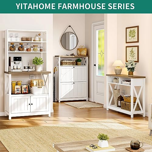 YITAHOME White Microwave Stand Bakers Rack Cabinet, Farmhouse Freestanding Small Kitchen Pantry Hutch Tall w Doors Power Outlet Thickened Counter, Coffee Bar Storage Shelves