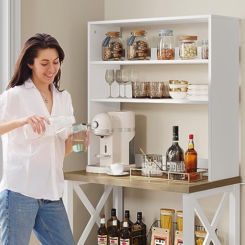 YITAHOME White Microwave Stand Bakers Rack Cabinet, Farmhouse Freestanding Small Kitchen Pantry Hutch Tall w Doors Power Outlet Thickened Counter, Coffee Bar Storage Shelves