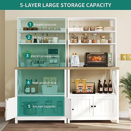 YITAHOME White Microwave Stand Bakers Rack Cabinet, Farmhouse Freestanding Small Kitchen Pantry Hutch Tall w Doors Power Outlet Thickened Counter, Coffee Bar Storage Shelves