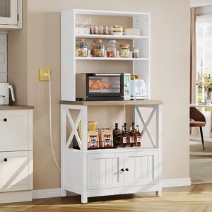 YITAHOME White Microwave Stand Bakers Rack Cabinet, Farmhouse Freestanding Small Kitchen Pantry Hutch Tall w Doors Power Outlet Thickened Counter, Coffee Bar Storage Shelves