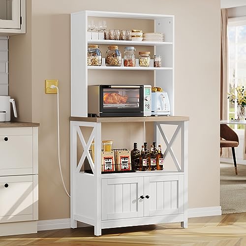 YITAHOME White Microwave Stand Bakers Rack Cabinet, Farmhouse Freestanding Small Kitchen Pantry Hutch Tall w Doors Power Outlet Thickened Counter, Coffee Bar Storage Shelves