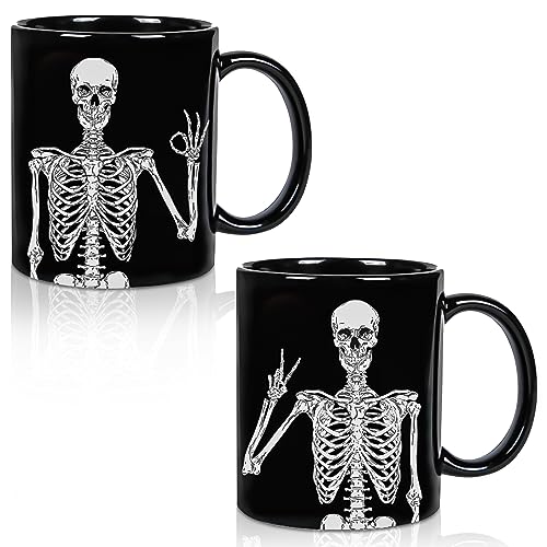 Whaline 2Pcs Halloween Mug Set 12oz Skeleton Holiday Coffee Mugs Halloween Ceramic Drinking Mugs for Home School Office Table Centerpieces Housewarming Gift