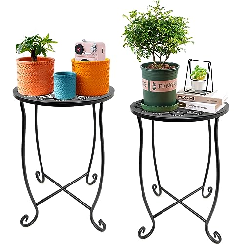 2 Pack Indoor Outdoor Side Tables, Weather Resistant Metal Patio Side Table, Small Round Outdoor End Table Side Table for Patio Yard Porch Balcony Garden Bedside, Plant Stand for Indoor Outdoor