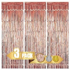 rose gold party decorations, 3 pack 3.2ft x 8.2ft rose gold curtains for barbie party decorations bachelorette party decorations rose gold birthday decorations, backdrop curtains for party