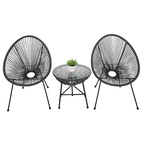 voqoomkl 3-Piece Outdoor Acapulco Chair, All-Weather Weave Lounge Chair,Patio Conversation Bistro Set with Glass Top Table,Balcony Chair Egg Chairs for Porch, Lawn, Balcony, Poolside Seating