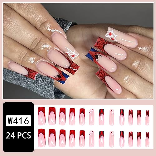 Halloween Press on Nails Long Black Spider Web Fake Nails Red French Tip False Nails Full Cover Halloween Glue on Nails Square Shape Artificial Nails Halloween Stick on Nails for Women 24Pcs