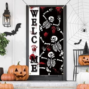 senseven halloween skull door banner, scary spooky skeleton halloween welcome door cover, day of the dead skeleton halloween holiday porch sign door decor backdrop banner 70.9 x 35.4 inches