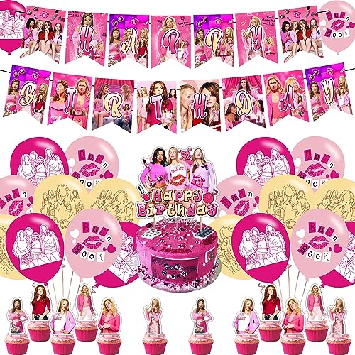 Mean Girls Theme Birthday Party Decorations, Mean Girls Party Supply Set for Kids with 1 Happy Birthday Banner, 12 Cupcake Toppers,18 Balloons for Mean Girls Party Decorations