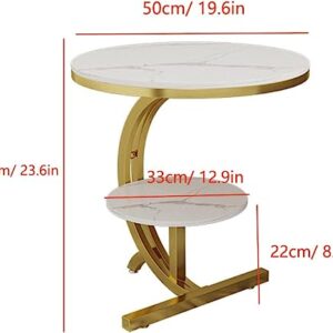 Modern Round Side Table w/Marble Top and Storage Shelf 2 Tier Couch End Table Pedestal Table 20 Inch C-Shaped Snack Coffee Table Display for Living Room Bedroom