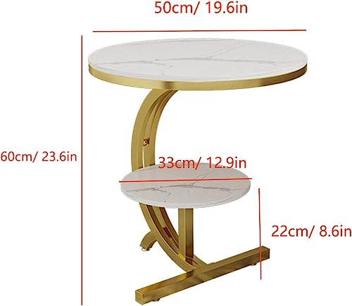 Modern Round Side Table w/Marble Top and Storage Shelf 2 Tier Couch End Table Pedestal Table 20 Inch C-Shaped Snack Coffee Table Display for Living Room Bedroom