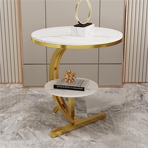 Modern Round Side Table w/Marble Top and Storage Shelf 2 Tier Couch End Table Pedestal Table 20 Inch C-Shaped Snack Coffee Table Display for Living Room Bedroom