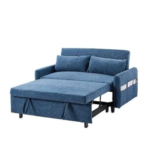 Merax 55.1" Loveseat Sofa Couch with Pull Out Bed, 3 in 1 Convertible Velvet Sleeper Sofa Bed with Adjustable Backrest & 2 Soft Pillows, Storage Pockets for Apartment, Office, Living Room (Blue)