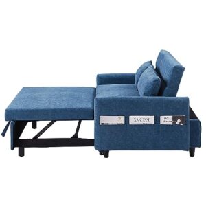 Merax 55.1" Loveseat Sofa Couch with Pull Out Bed, 3 in 1 Convertible Velvet Sleeper Sofa Bed with Adjustable Backrest & 2 Soft Pillows, Storage Pockets for Apartment, Office, Living Room (Blue)