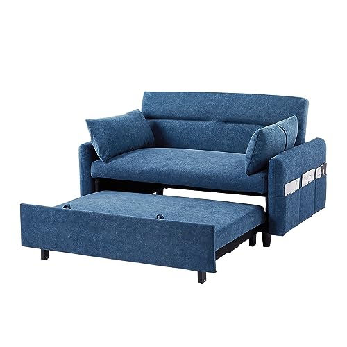 Merax 55.1" Loveseat Sofa Couch with Pull Out Bed, 3 in 1 Convertible Velvet Sleeper Sofa Bed with Adjustable Backrest & 2 Soft Pillows, Storage Pockets for Apartment, Office, Living Room (Blue)