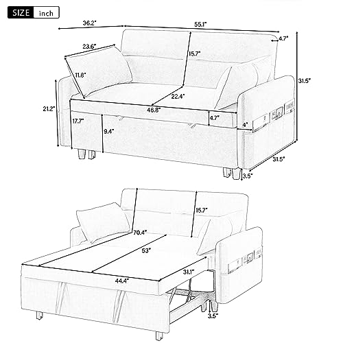 Merax 55.1" Loveseat Sofa Couch with Pull Out Bed, 3 in 1 Convertible Velvet Sleeper Sofa Bed with Adjustable Backrest & 2 Soft Pillows, Storage Pockets for Apartment, Office, Living Room (Blue)