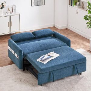 Merax 55.1" Loveseat Sofa Couch with Pull Out Bed, 3 in 1 Convertible Velvet Sleeper Sofa Bed with Adjustable Backrest & 2 Soft Pillows, Storage Pockets for Apartment, Office, Living Room (Blue)