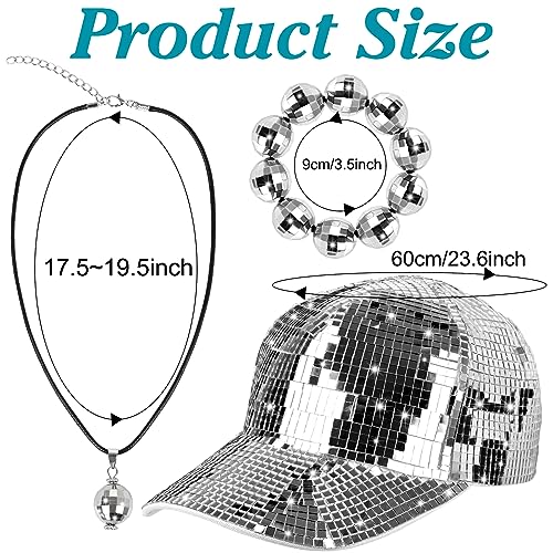 Disco Baseball Cap Silver Sequin Party Hats with Disco Ball Necklace and Sparkly Mirror Disco Bracelet Women Light Up Hat Bling Glitter Dance Cap for Girls Party Costume Accessories Cosplay Dress Up