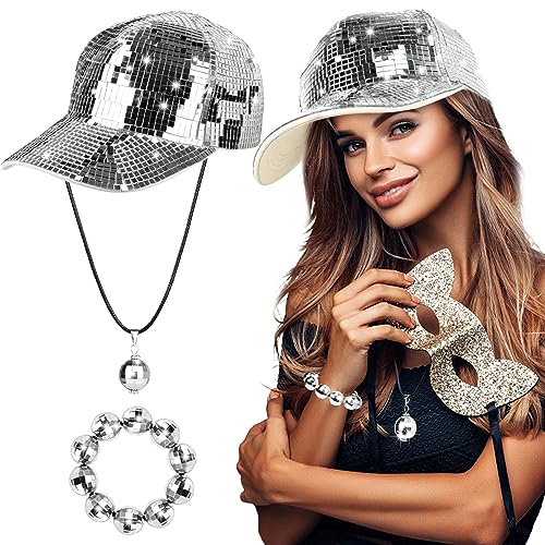 Disco Baseball Cap Silver Sequin Party Hats with Disco Ball Necklace and Sparkly Mirror Disco Bracelet Women Light Up Hat Bling Glitter Dance Cap for Girls Party Costume Accessories Cosplay Dress Up