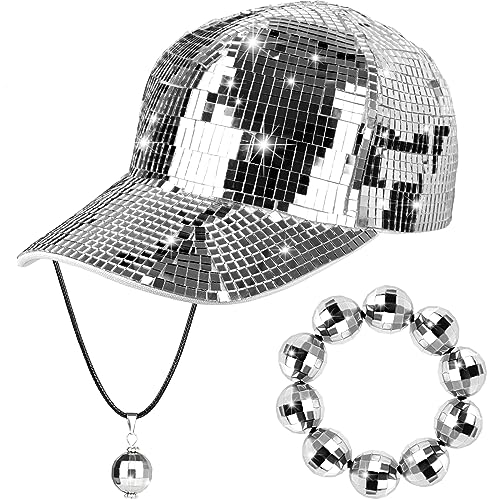 Disco Baseball Cap Silver Sequin Party Hats with Disco Ball Necklace and Sparkly Mirror Disco Bracelet Women Light Up Hat Bling Glitter Dance Cap for Girls Party Costume Accessories Cosplay Dress Up