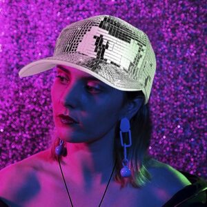 Disco Baseball Cap Silver Sequin Party Hats with Disco Ball Necklace and Sparkly Mirror Disco Bracelet Women Light Up Hat Bling Glitter Dance Cap for Girls Party Costume Accessories Cosplay Dress Up