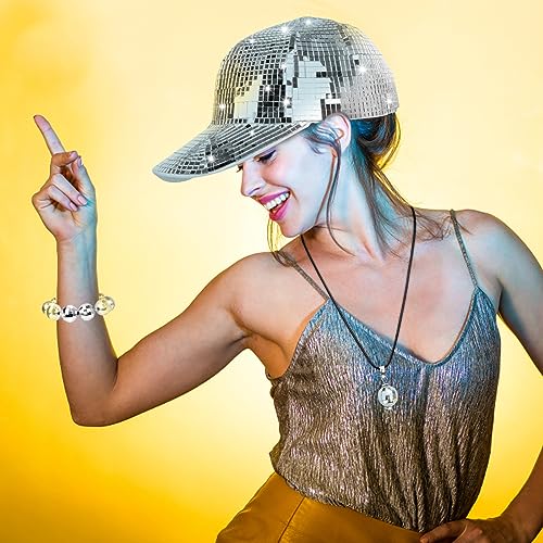 Disco Baseball Cap Silver Sequin Party Hats with Disco Ball Necklace and Sparkly Mirror Disco Bracelet Women Light Up Hat Bling Glitter Dance Cap for Girls Party Costume Accessories Cosplay Dress Up