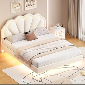 floating bed frame queen size with led lights, queen led bed frame with elegant flowers headboard, smart velvet upholstered platform bed with wooden slats support, queen size, beige