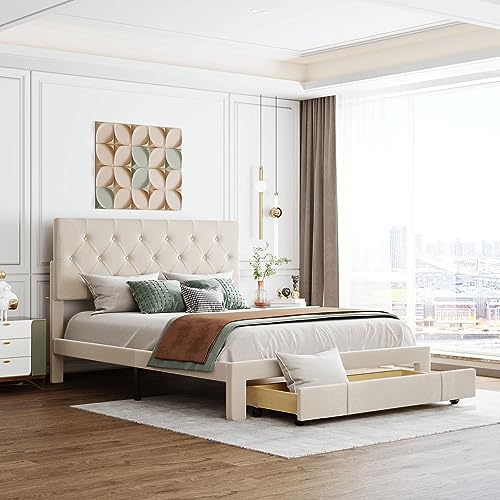 OTRIEK Queen Size Velvet Upholstered Platform Bed Frames with Large Storage Drawer/Headboard, Mid-Century Modern Platform Bed with Solid Wood Slat Support for Bedroom Boys Girls Adults Teens, Beige