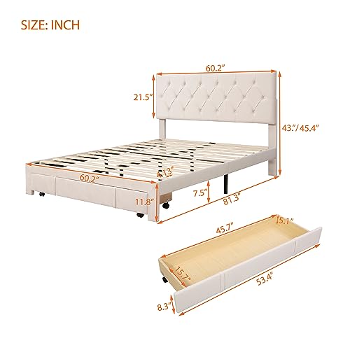 OTRIEK Queen Size Velvet Upholstered Platform Bed Frames with Large Storage Drawer/Headboard, Mid-Century Modern Platform Bed with Solid Wood Slat Support for Bedroom Boys Girls Adults Teens, Beige