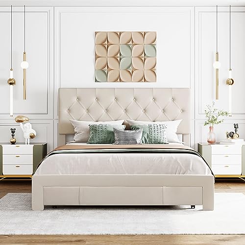 OTRIEK Queen Size Velvet Upholstered Platform Bed Frames with Large Storage Drawer/Headboard, Mid-Century Modern Platform Bed with Solid Wood Slat Support for Bedroom Boys Girls Adults Teens, Beige