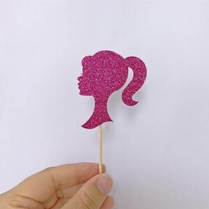 ALISSAR 27-Pack Glitter Hot Pink Princess Cupcake Toppers-Doll Head, Lip, High Heel-Cupcake Topper Cake Topper for Girls Birthday Party Decorations