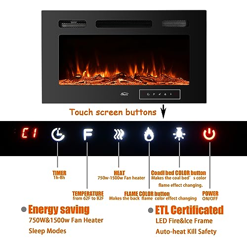 Clihome 60in Electric Fireplace Fire Places Electric Fireplace Inserts Electric Fireplace Heater Fireplace Decor Fireplace Heater with Timer, Remote Control, Adjustable Flame Color 750/1500W