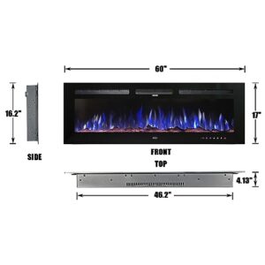 Clihome 60in Electric Fireplace Fire Places Electric Fireplace Inserts Electric Fireplace Heater Fireplace Decor Fireplace Heater with Timer, Remote Control, Adjustable Flame Color 750/1500W