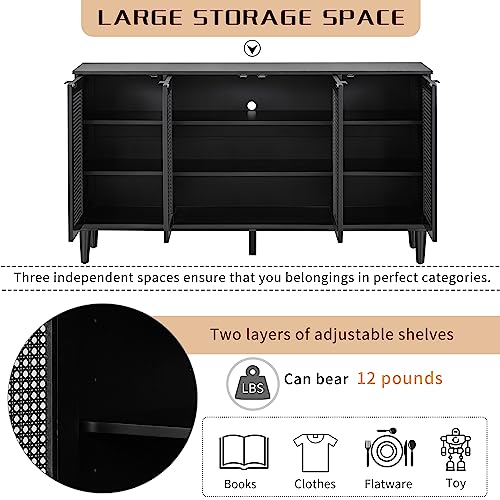 Merax Black Modern Rustic Wood Buffet Sideboard with Storage Shelf, 4 Rattan Doors Coffee Bar Cabinet TV Stand for Bedroom Living Dinning Room Kitchen, 1 Set