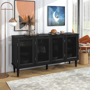 merax black modern rustic wood buffet sideboard with storage shelf, 4 rattan doors coffee bar cabinet tv stand for bedroom living dinning room kitchen, 1 set