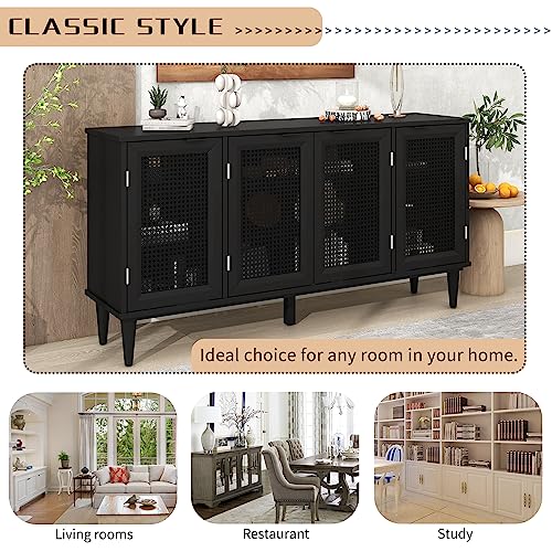 Merax Black Modern Rustic Wood Buffet Sideboard with Storage Shelf, 4 Rattan Doors Coffee Bar Cabinet TV Stand for Bedroom Living Dinning Room Kitchen, 1 Set