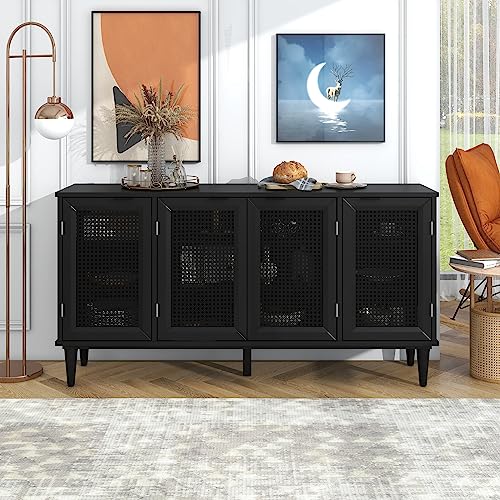 Merax Black Modern Rustic Wood Buffet Sideboard with Storage Shelf, 4 Rattan Doors Coffee Bar Cabinet TV Stand for Bedroom Living Dinning Room Kitchen, 1 Set