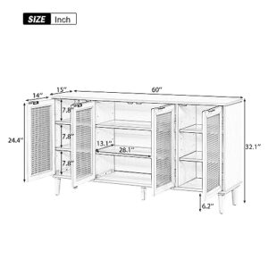 Merax Black Modern Rustic Wood Buffet Sideboard with Storage Shelf, 4 Rattan Doors Coffee Bar Cabinet TV Stand for Bedroom Living Dinning Room Kitchen, 1 Set