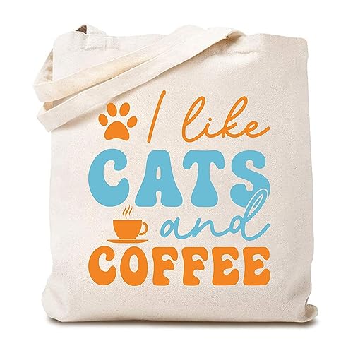 TSIIUO Women's I Like Cats and Coffee Canvas Tote Bag Cute Graphic Pet Lover Gift Funny Caffeine Reusable Shopping Bag White