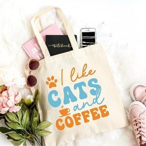 TSIIUO Women's I Like Cats and Coffee Canvas Tote Bag Cute Graphic Pet Lover Gift Funny Caffeine Reusable Shopping Bag White